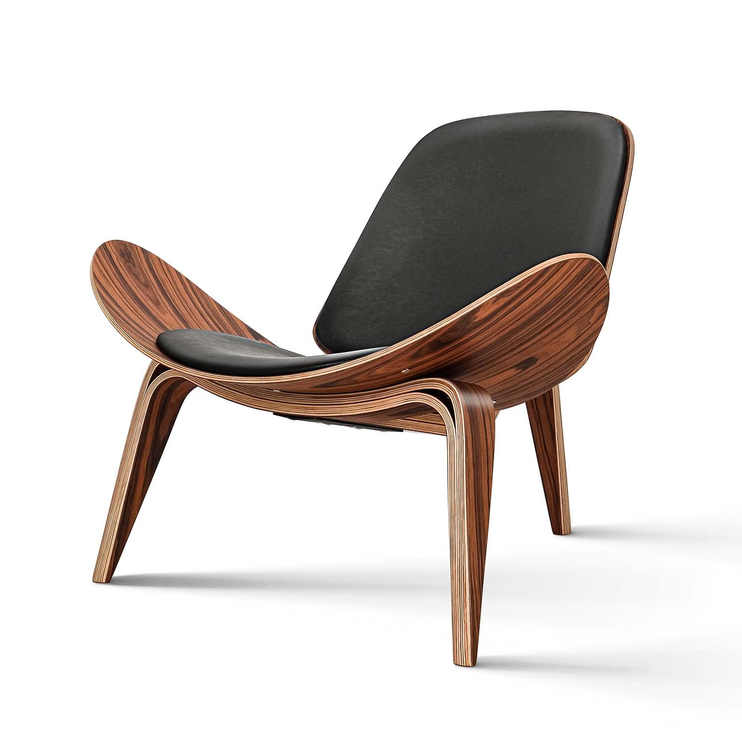 Furgle Mid Century Modern Shell Lounge Chair,PU Leather,Tripod Plywood Classic Design Solid Wood Accent Chairs for Living Room,Reading,Lounge,Office,Salon,Style-17