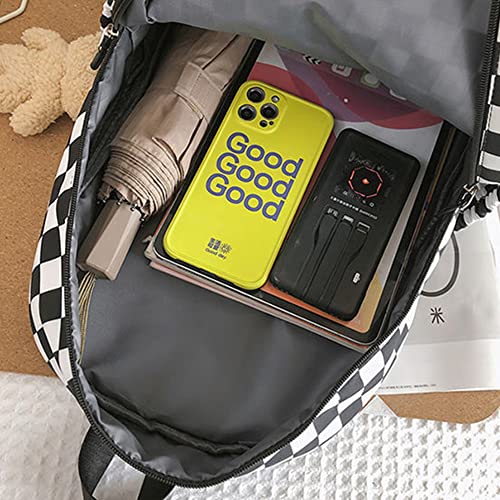 Checkerboard Light Academia Aesthetic Backpack for Teen Girls Cute Plaid Preppy Backpack with Plushies School Bag (D)