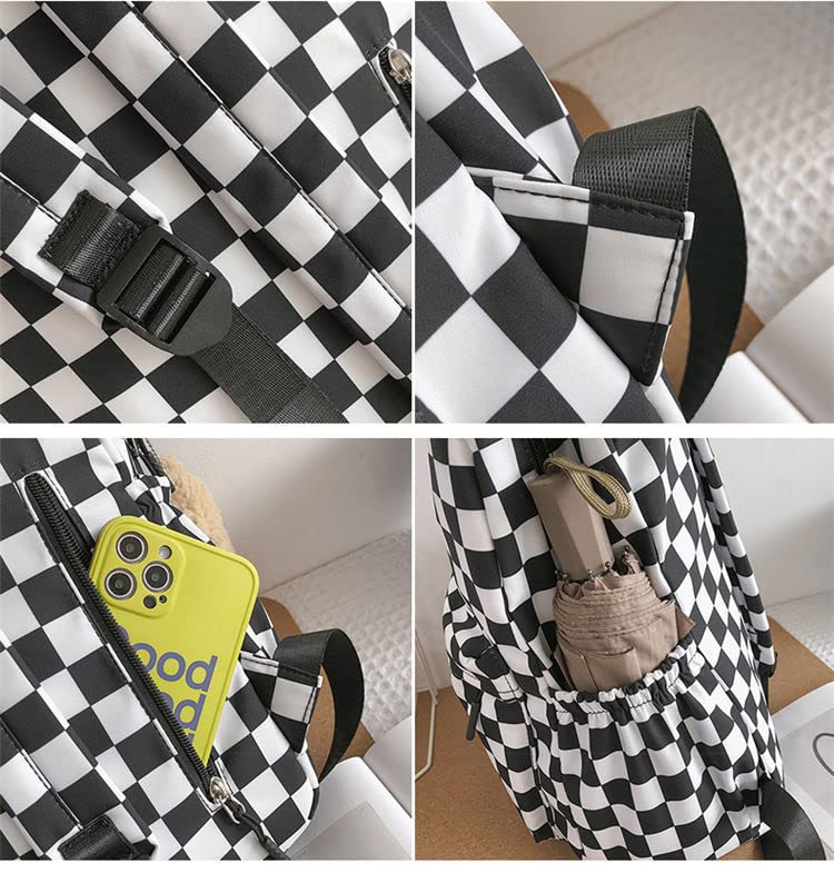 Checkerboard Light Academia Aesthetic Backpack for Teen Girls Cute Plaid Preppy Backpack with Plushies School Bag (D)