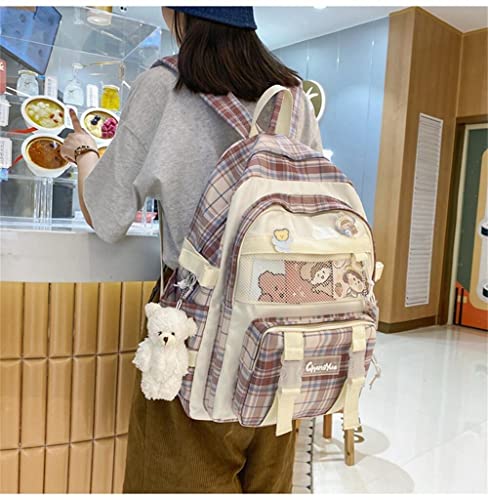 Aoakva Kawaii Plaid Backpack Purple Trendy Travel Bag with Free Cute Bear Pendant (Plaid purple), Regular