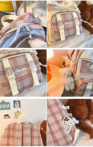 Aoakva Kawaii Plaid Backpack Purple Trendy Travel Bag with Free Cute Bear Pendant (Plaid purple), Regular