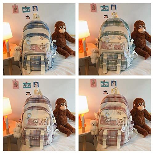 Aoakva Kawaii Plaid Backpack Purple Trendy Travel Bag with Free Cute Bear Pendant (Plaid purple), Regular