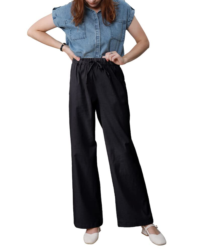 yoeasy Women Cotton Linen Drawstring Wide Leg Pants High Waisted Casual Loose Trousers with Pockets (X-Large, Black)