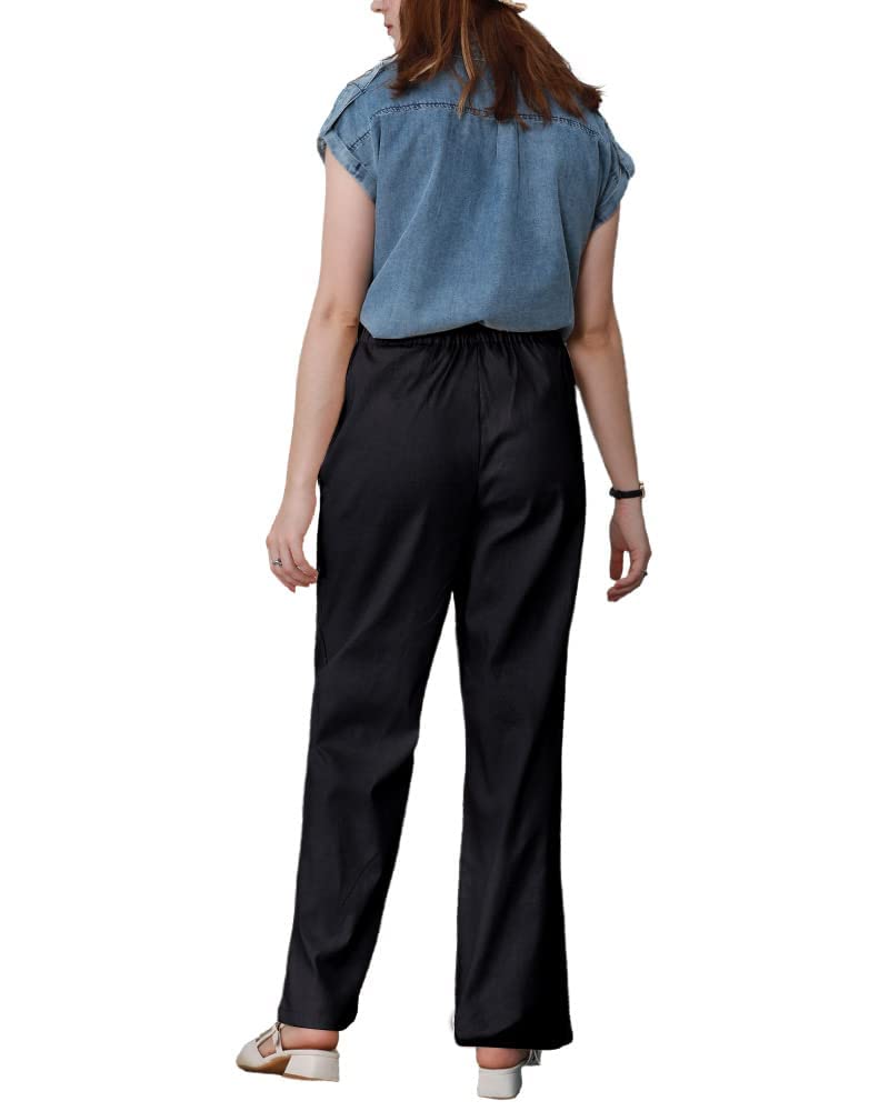 yoeasy Women Cotton Linen Drawstring Wide Leg Pants High Waisted Casual Loose Trousers with Pockets (X-Large, Black)