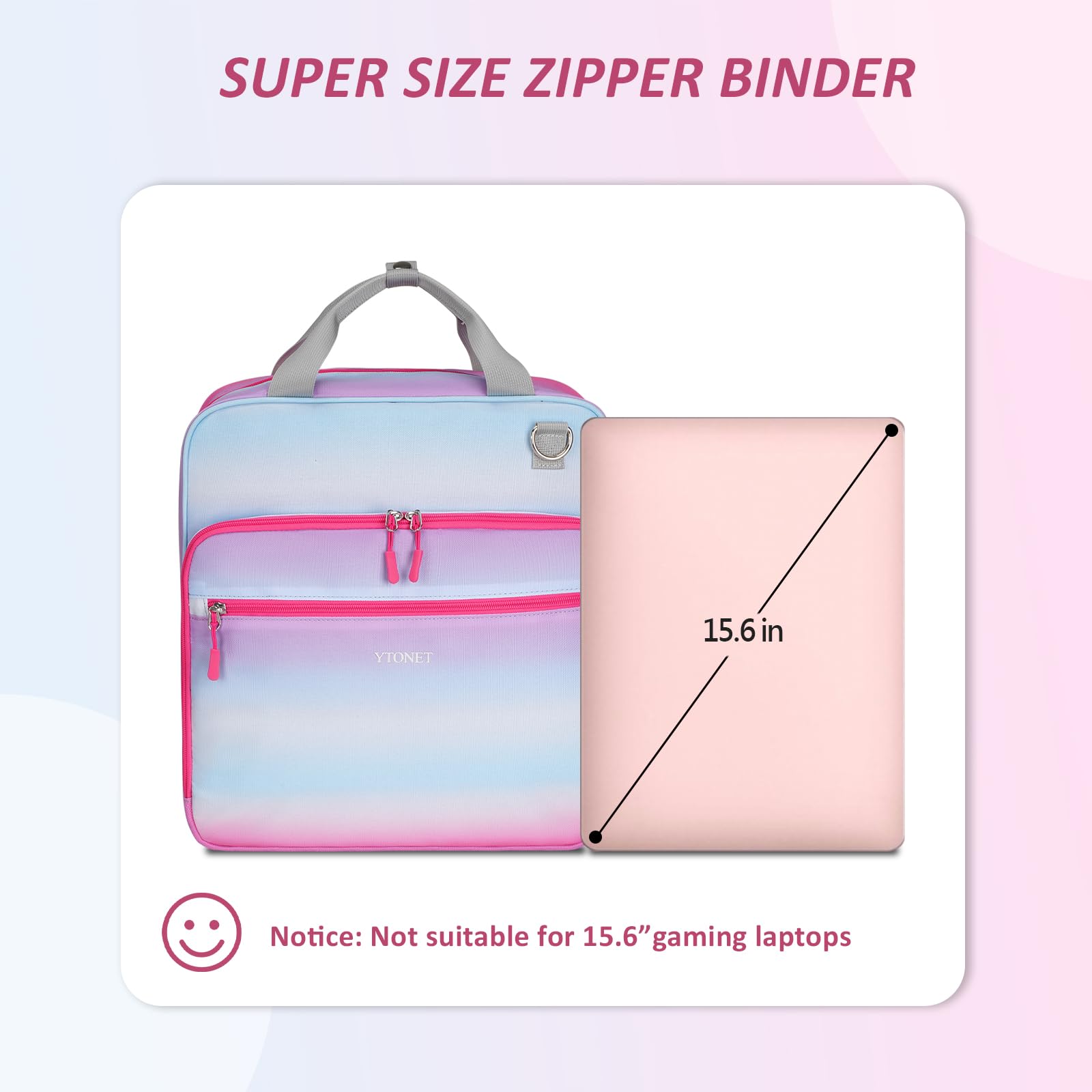 Ytonet Zipper Binder 3 Ring, 3 Inch Binder with Zipper Fit 15.6 in Laptop, 600 Page Extra Large Multi-Pocket School Binders Organizer with Shoulder Strap Handle for Girls Kids Women Student, Blue-Pink