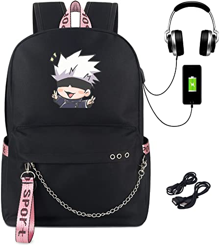 Roffatide Anime Jujutsu Kaisen Backpack Gojo Satoru Book Bag Laptop School Bag with USB Charging Port and Headphone Port