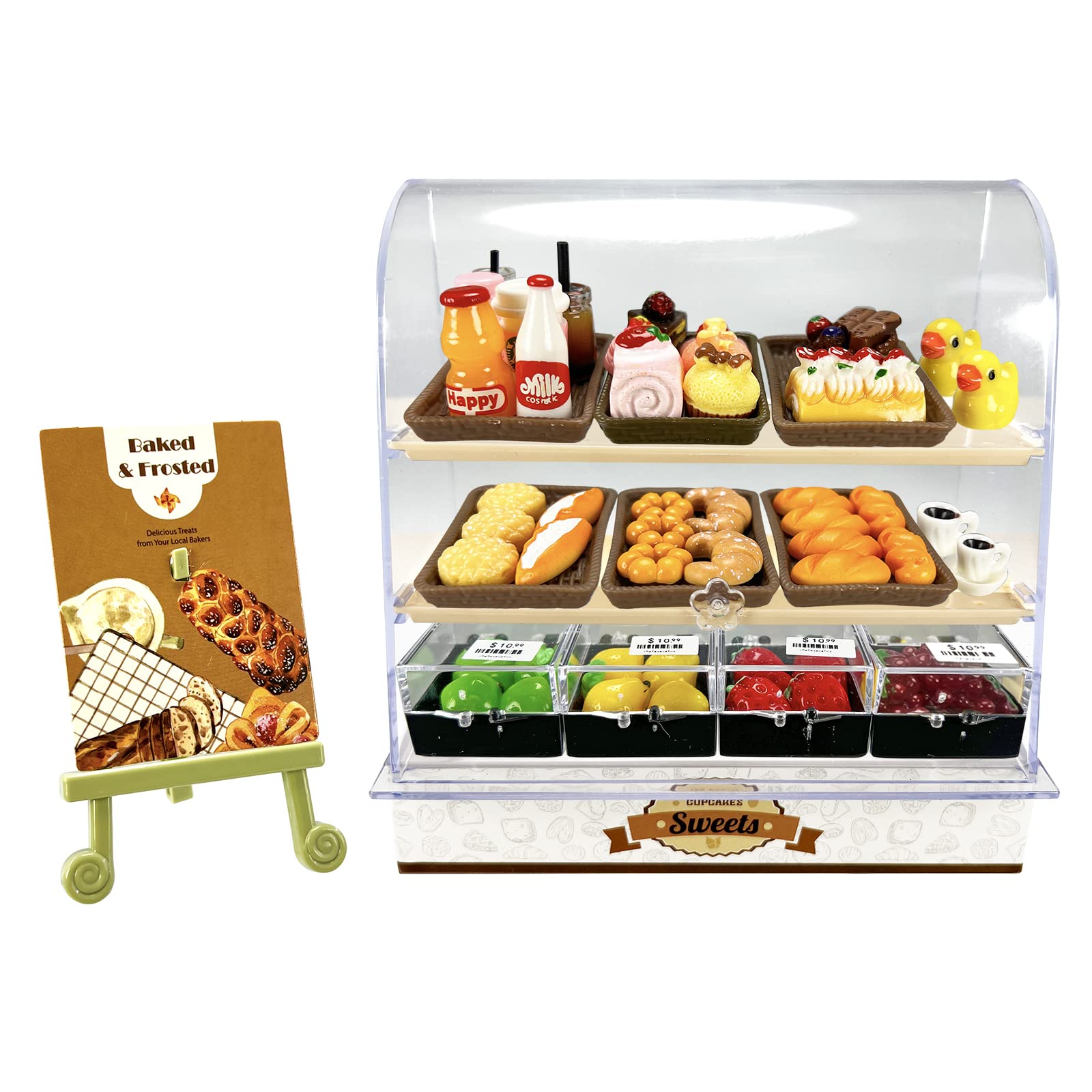 86 Pieces Miniature Bakery Case Cake Stand Display Cabinet with Food Set Mini Plastic Counter Dessert Donuts for 1:12 Doll House Store Scene Decoration Gift Dollhouse Bread Shop Model Playhouse