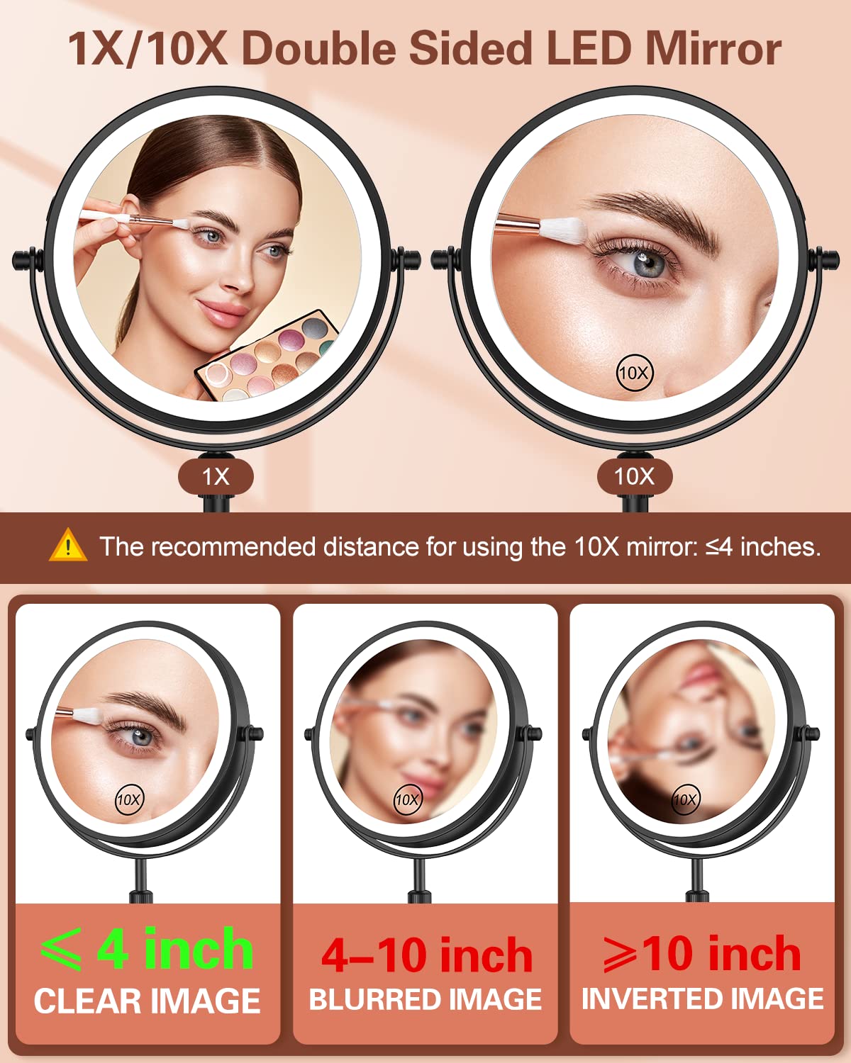 Benbilry Lighted Makeup Mirror with 10X Magnification & 3 Color Lights, Adjustable Brightness & Height, 7 Inch 360° Swivel Rechargeable LED Magnifying Make Up Mirror with Lighting (Black)
