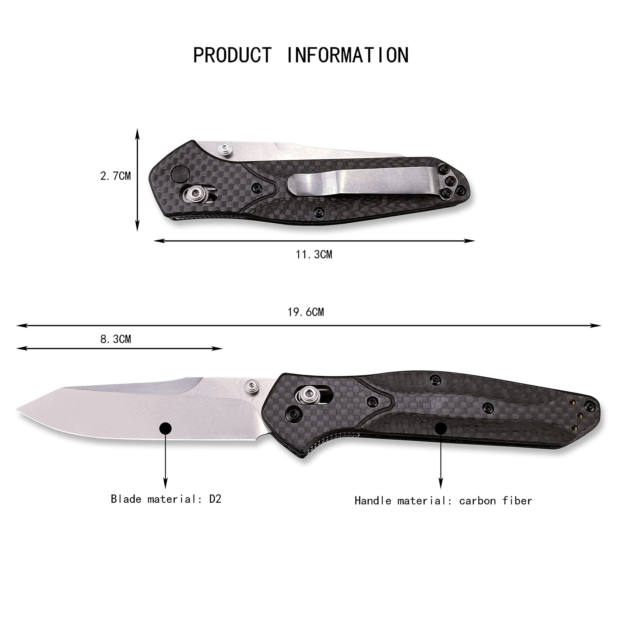 HUAAO 7.7in EDC Pocket Knife, 3.6in Reverse Tanto Blade with Thumb Stud, Plain Edge D2 Steel, Black Carbon Fiber Handle with Belt Clip Axis Lock Mechanism for Outdoor Camping