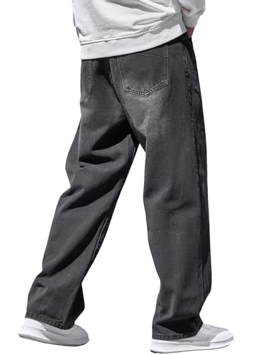 Verdusa Men's High Waist Loose Jeans Baggy Straight Leg Denim Pants Trousers Dark Grey Medium