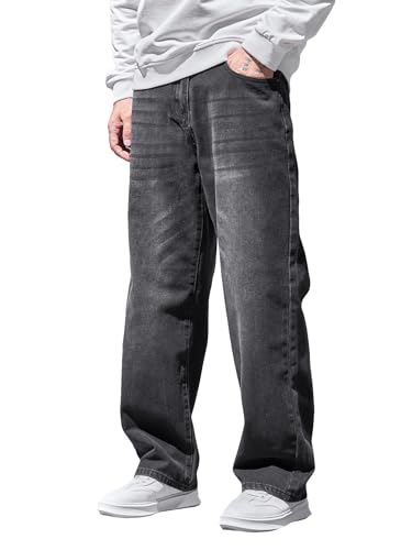 Verdusa Men's High Waist Loose Jeans Baggy Straight Leg Denim Pants Trousers Dark Grey Medium