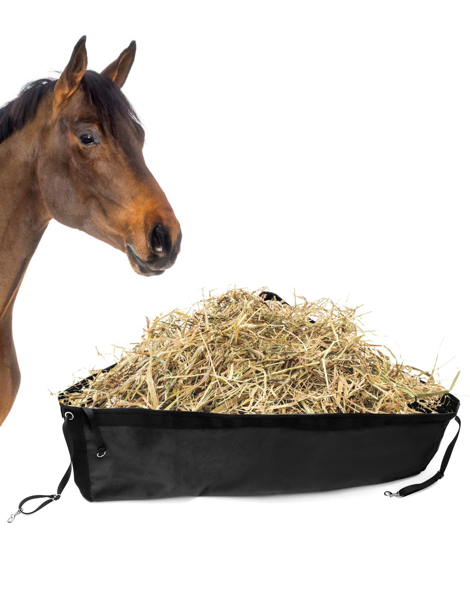 QWORK Corner Hay Feeder Bags, 2 Pack Large Capacity Hay Bag for Horse, Reduces Waste, with Mesh Bottom and Snap Closure, for Horse Trailer Stalls, Black