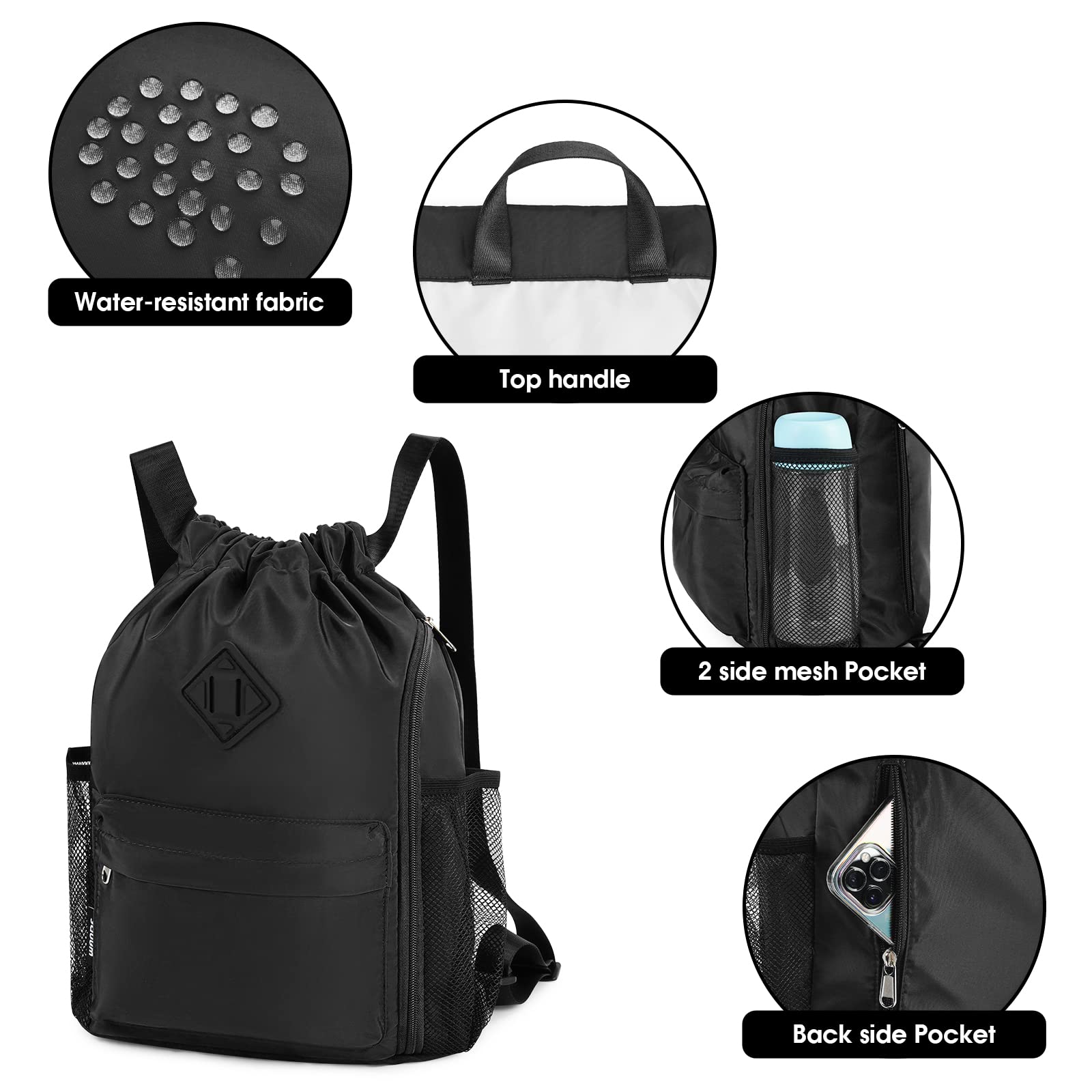 WANDF Drawstring Backpack Sports Gym Bag with Shoes Compartment, Water-Resistant String Backpack Cinch for Women Men (Small,Black)