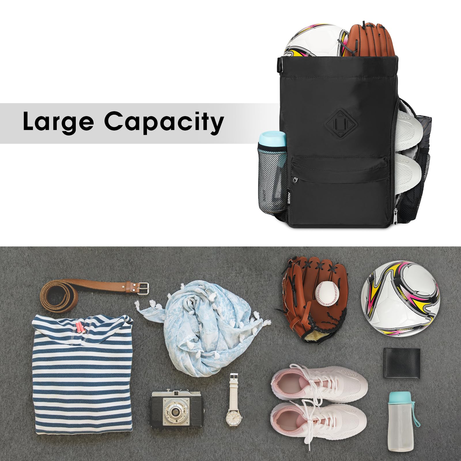 WANDF Drawstring Backpack Sports Gym Bag with Shoes Compartment, Water-Resistant String Backpack Cinch for Women Men (Small,Black)