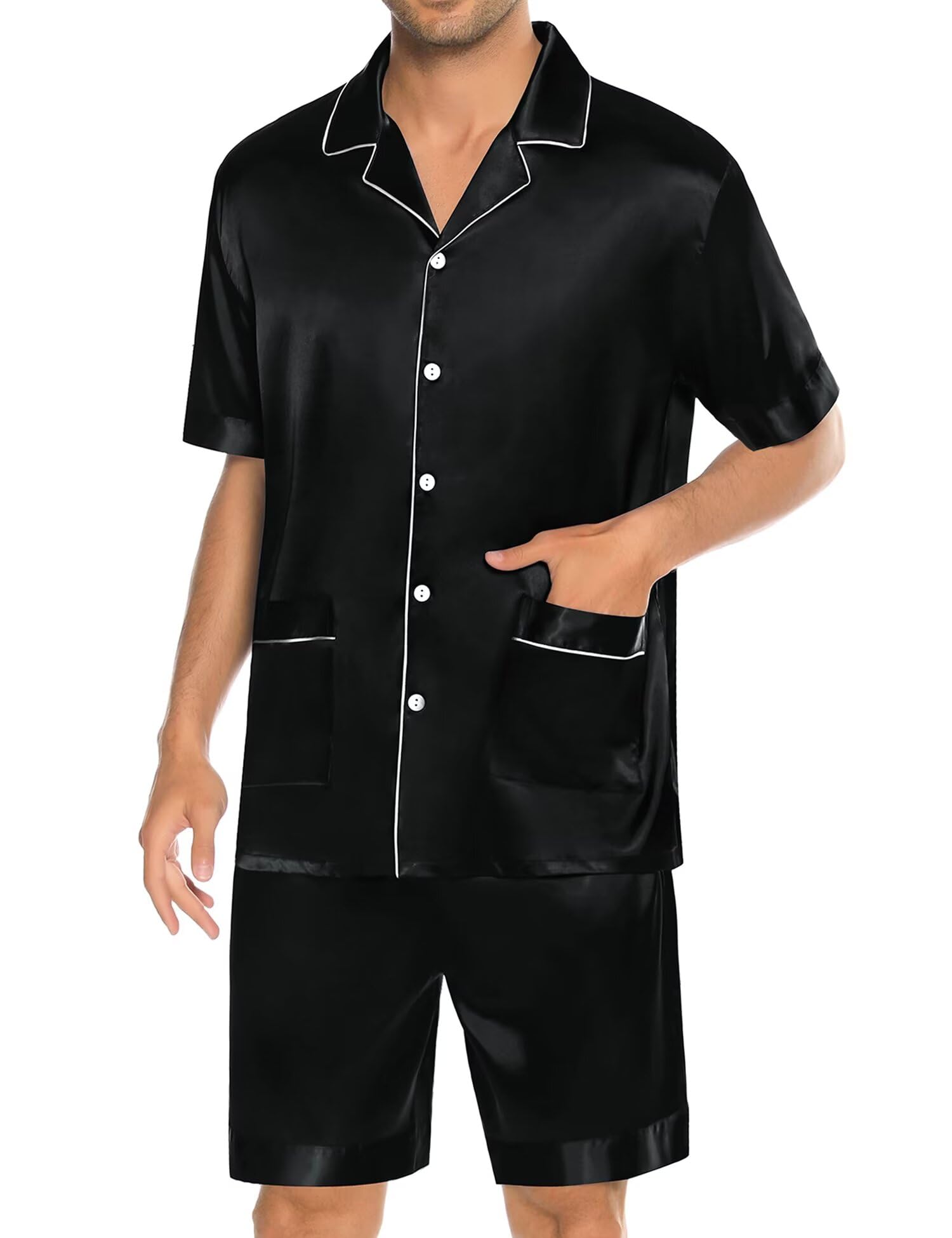 SWOMOG Mens Silk Pajama Set 2 Pieces Short Sleeve Soft Satin Sleepwear Button Down Pj Black Medium