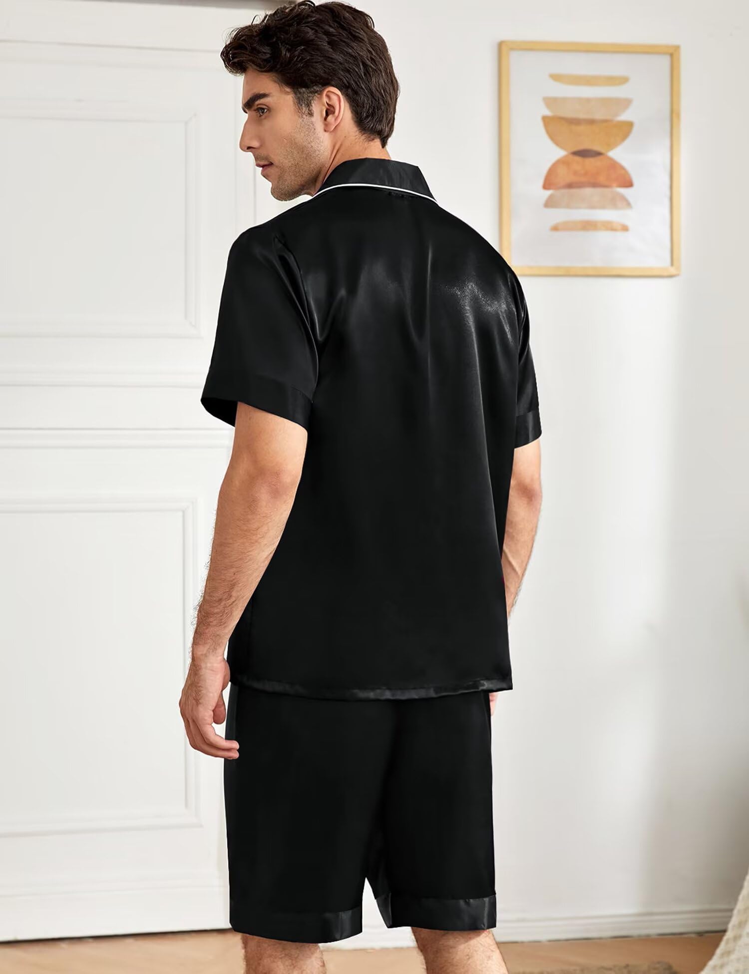 SWOMOG Mens Silk Pajama Set 2 Pieces Short Sleeve Soft Satin Sleepwear Button Down Pj Black Medium