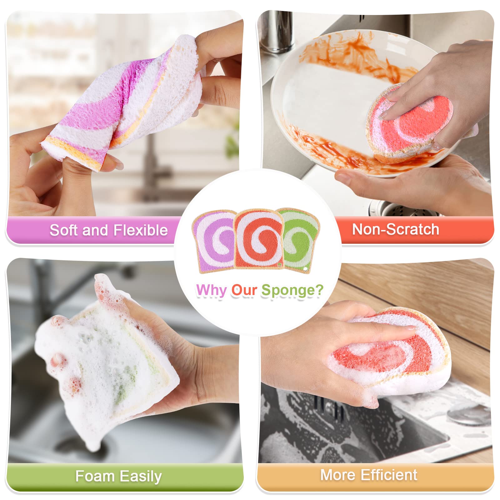 6-Count Toast Shaped Kitchen Sponges for Scratch-Free Dishwashing and Cleaning, Cute and Biodegradable, 40% Larger Compressed Cellulose Sponges, Eco Pop Up Natural Dish Sponges by NECAMOCU