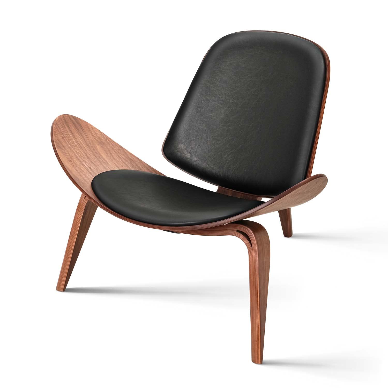 1inchome Mid Century Modern Shell Chair, Faux Leather, Scandinavian Furniture Plywood Classic Tripod Design Solid Wood Accent Lounge Chairs for Living Room, Reading, Lounge, Office, Salon