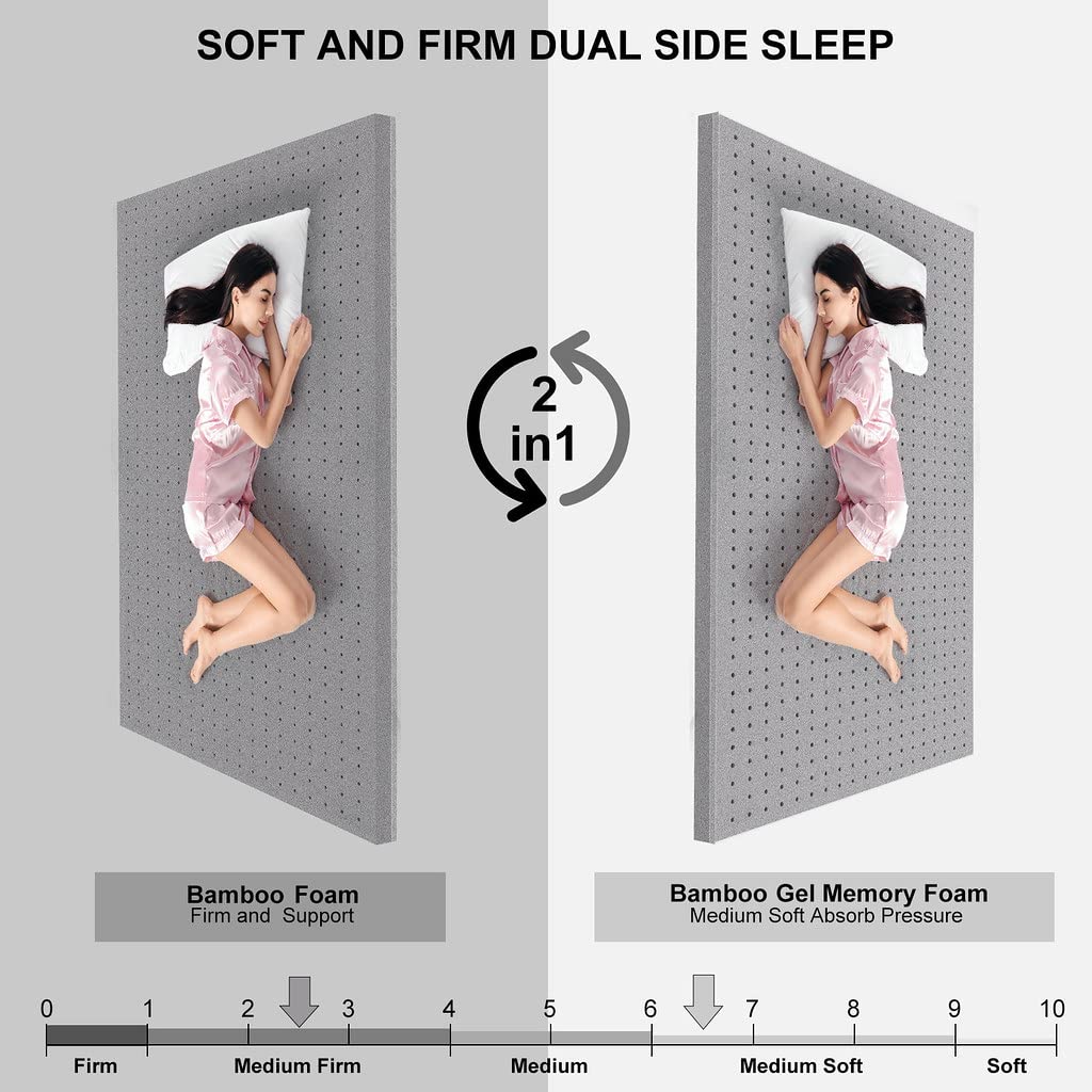 Maxzzz 2 Inch Mattress Topper Queen Size, Firm Bamboo Charcoal Memory Foam Cooling Bed Mattress Topper, Ventilated Mattress Pad CertiPUR-US Certified Plush