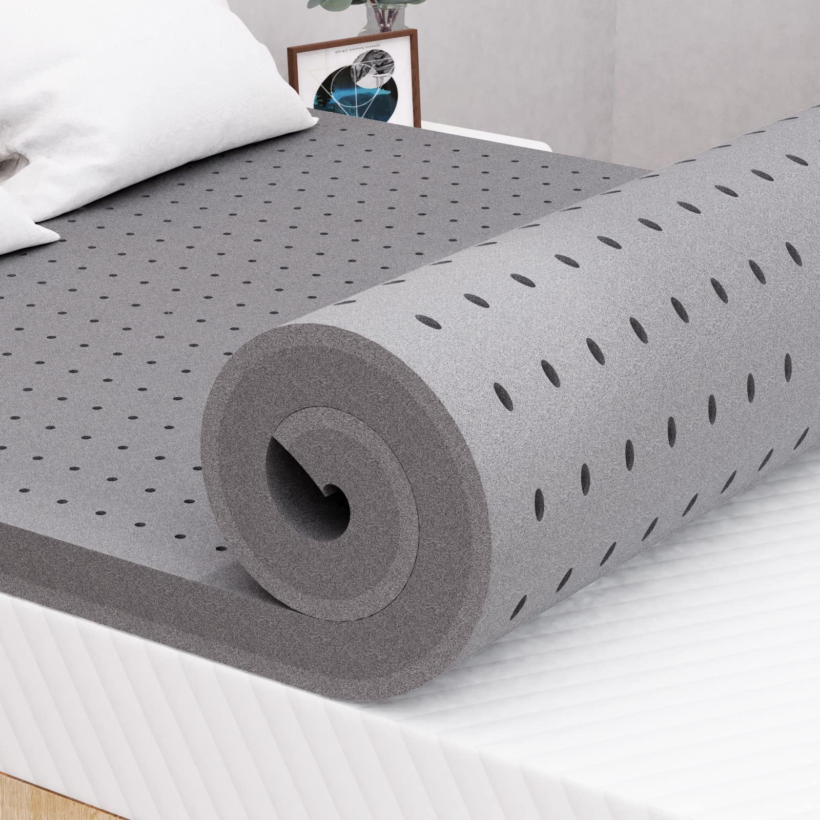 Maxzzz 2 Inch Mattress Topper Queen Size, Firm Bamboo Charcoal Memory Foam Cooling Bed Mattress Topper, Ventilated Mattress Pad CertiPUR-US Certified Plush