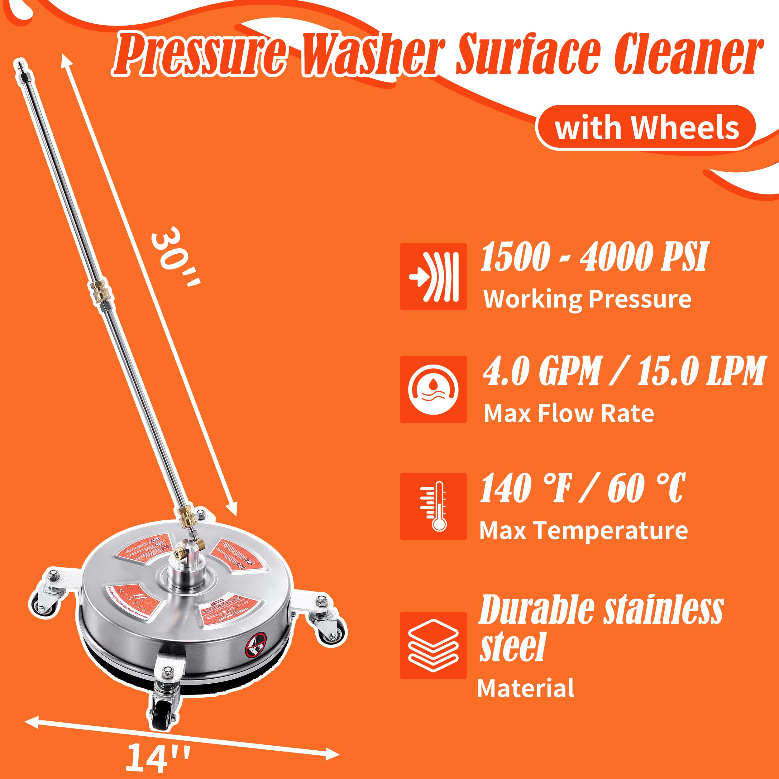 M MINGLE 14'' Pressure Washer Surface Cleaner Attachment, Pressure Washer Gun Snow Foam Lance, 4000 PSI Cannon Foam Blaster Power Washer with 1/4" Quick Connector
