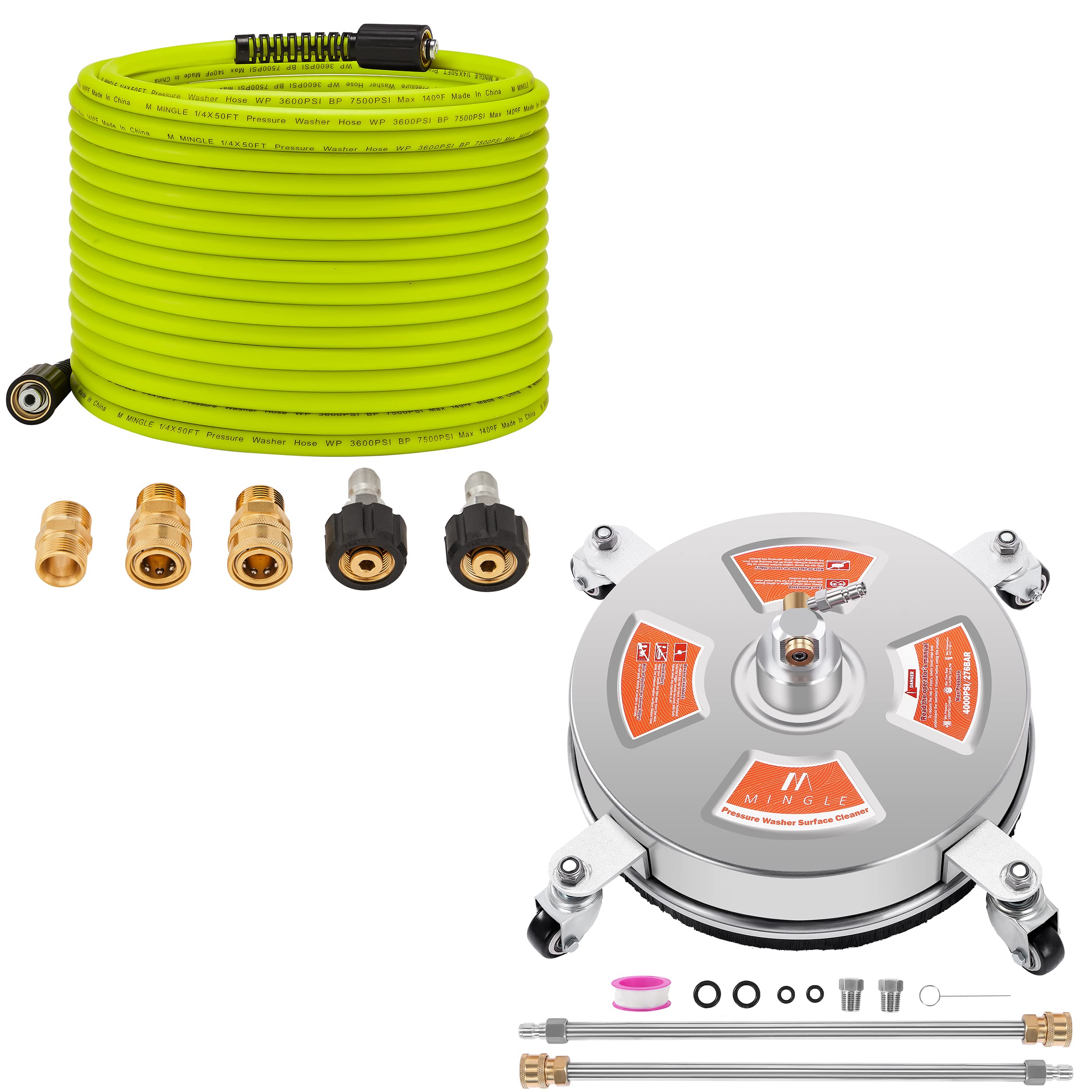 M MINGLE Pressure Washer Hose 50 FT x 1/4" - Replacement Power Wash Hose with Quick Connect Kits, 14'' Pressure Washer Surface Cleaner Attachment