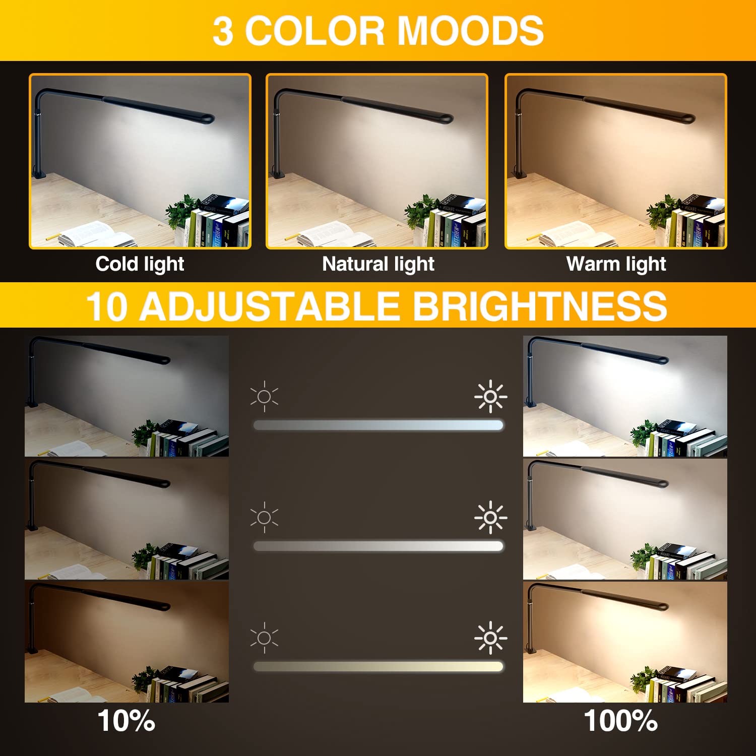 Desk Lamp Clamp, 12W Bright LED Desk Light for Home Office, Eye-Caring Table Light for Dorm Room, 3 Color 10 Brightness, Long Flexible 360° Goosenecks, Metal Swing Arm, 10W USB Adapter, Black.