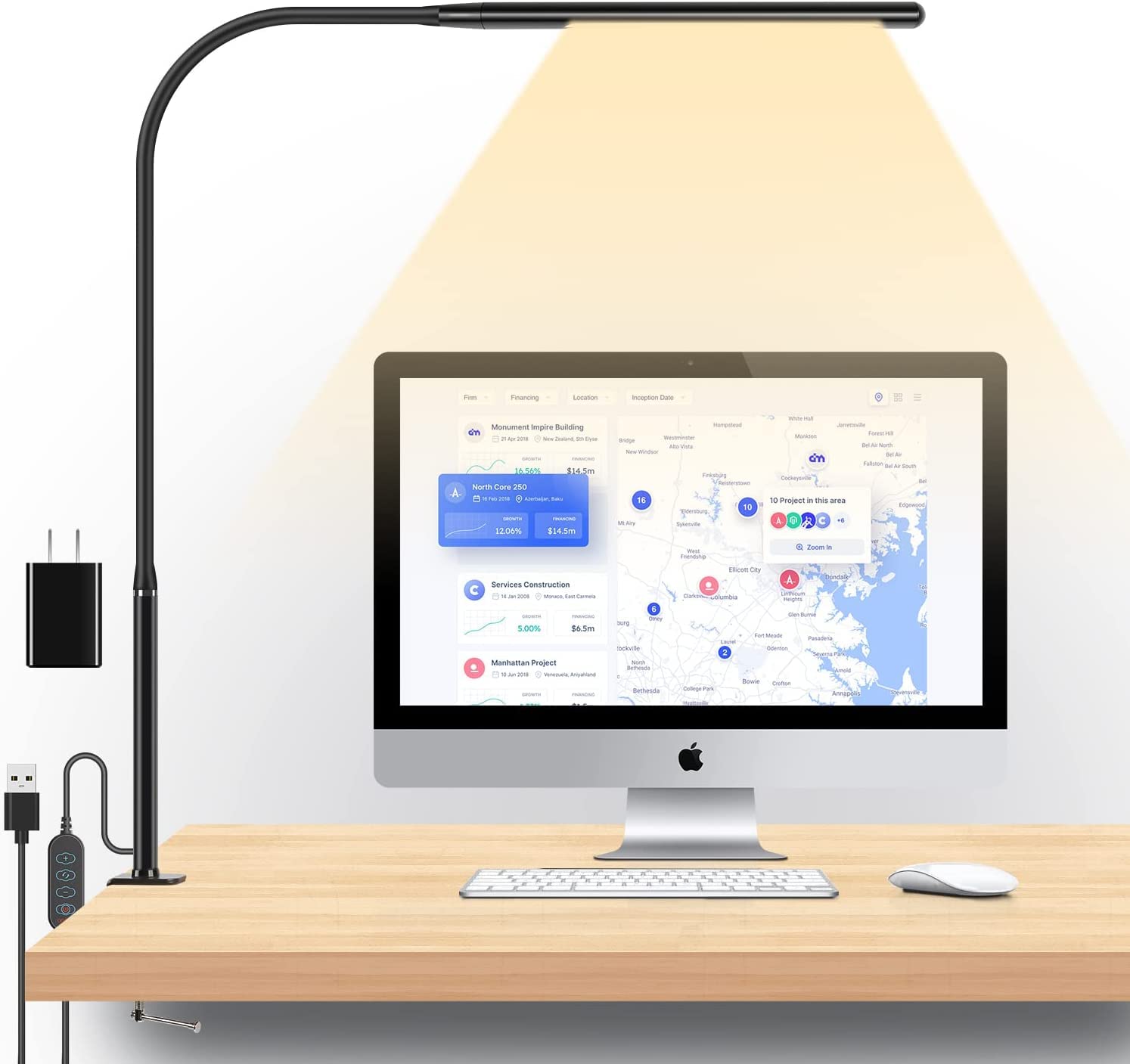Desk Lamp Clamp, 12W Bright LED Desk Light for Home Office, Eye-Caring Table Light for Dorm Room, 3 Color 10 Brightness, Long Flexible 360° Goosenecks, Metal Swing Arm, 10W USB Adapter, Black.