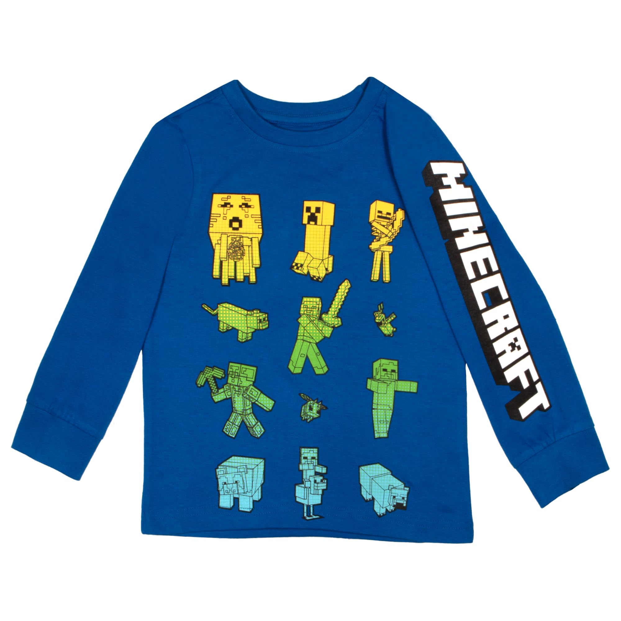 Minecraft Characters Boys Long Sleeve T-Shirt, 2-Pack Bundle Set for Kids and Toddlers (Size 7, Green/Royal)