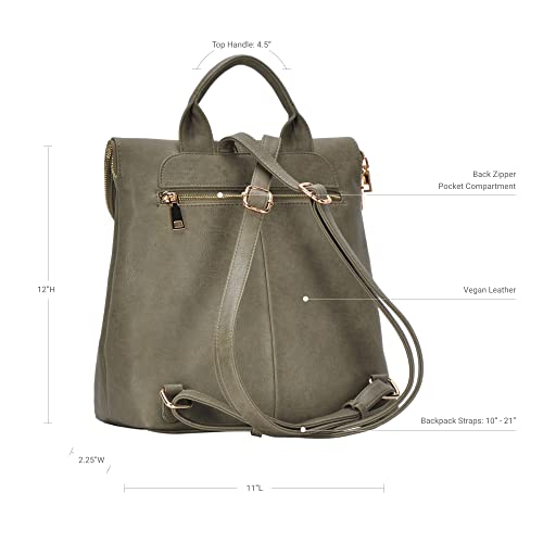 MMS Brands Miztique The Diana Backpack Purse for Women, Flap Over Tote Bag, Soft Vegan Leather - Olive