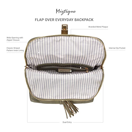 MMS Brands Miztique The Diana Backpack Purse for Women, Flap Over Tote Bag, Soft Vegan Leather - Olive