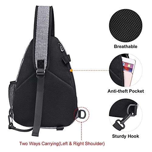 MOSISO Sling Backpack, Travel Hiking Daypack Folding Pocket Outdoor Rope Crossbody Shoulder Bag with USB Charging Port, Gray