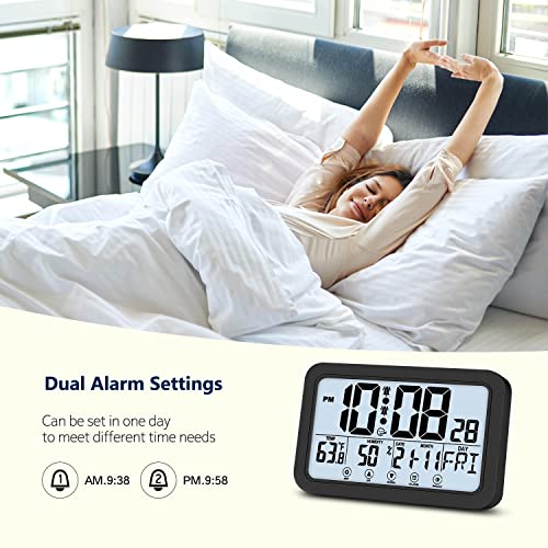 Digital Clock, Digital Wall Clock Battery Operated, Clocks with Large Display, Alarm Clock with Backlight, Desk Clock with Temperature Humidity Day Date for Bedroom Living Room Office (Black)