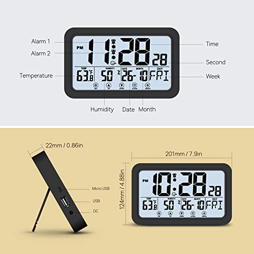 Digital Clock, Digital Wall Clock Battery Operated, Clocks with Large Display, Alarm Clock with Backlight, Desk Clock with Temperature Humidity Day Date for Bedroom Living Room Office (Black)