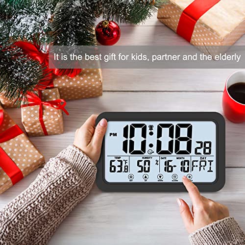 Digital Clock, Digital Wall Clock Battery Operated, Clocks with Large Display, Alarm Clock with Backlight, Desk Clock with Temperature Humidity Day Date for Bedroom Living Room Office (Black)
