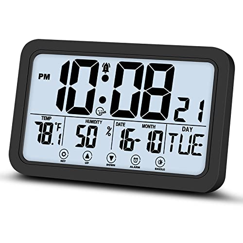 Digital Clock, Digital Wall Clock Battery Operated, Clocks with Large Display, Alarm Clock with Backlight, Desk Clock with Temperature Humidity Day Date for Bedroom Living Room Office (Black)