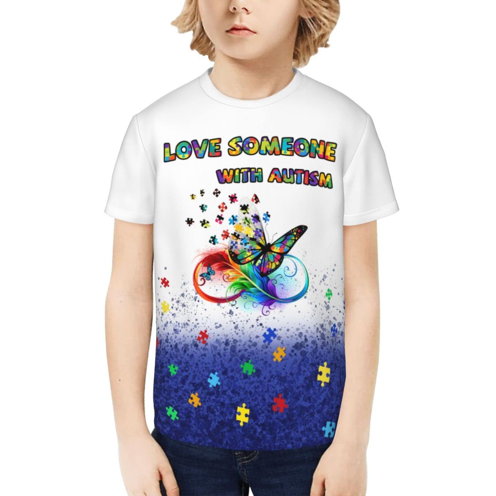Autism Awareness T-Shirt for Kid Boys I Love Someone with Autism T Shirt Autistic Puzzle Piece 3D Print Tees T-Shirt X-Large