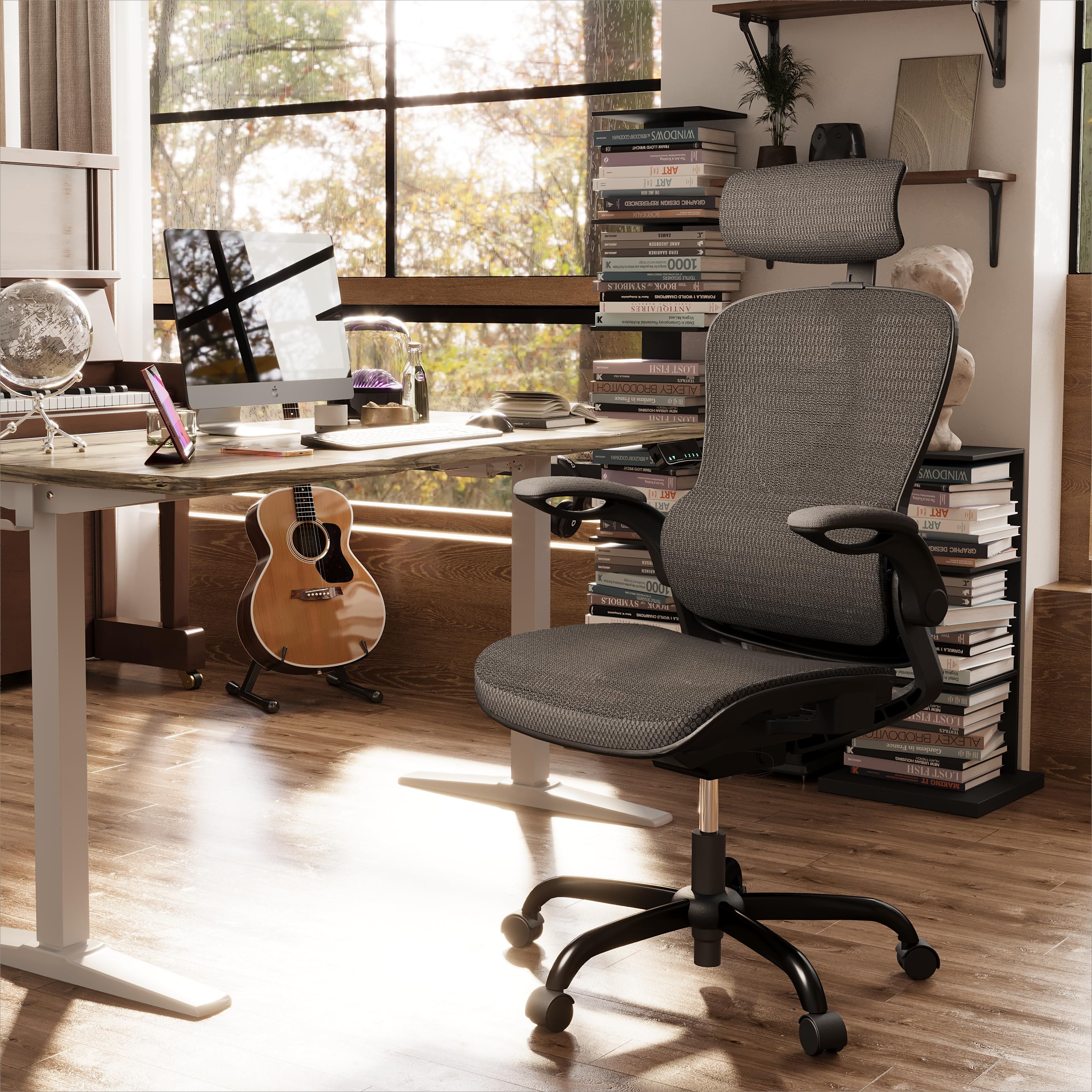 GABRYLLY Ergonomic Office Desk Chair, High Back Mesh Chair with Adjustable Flip-up Arms, Swivel Computer Task Chair with Lumbar Support, Tilt Function for Home,Office & Student