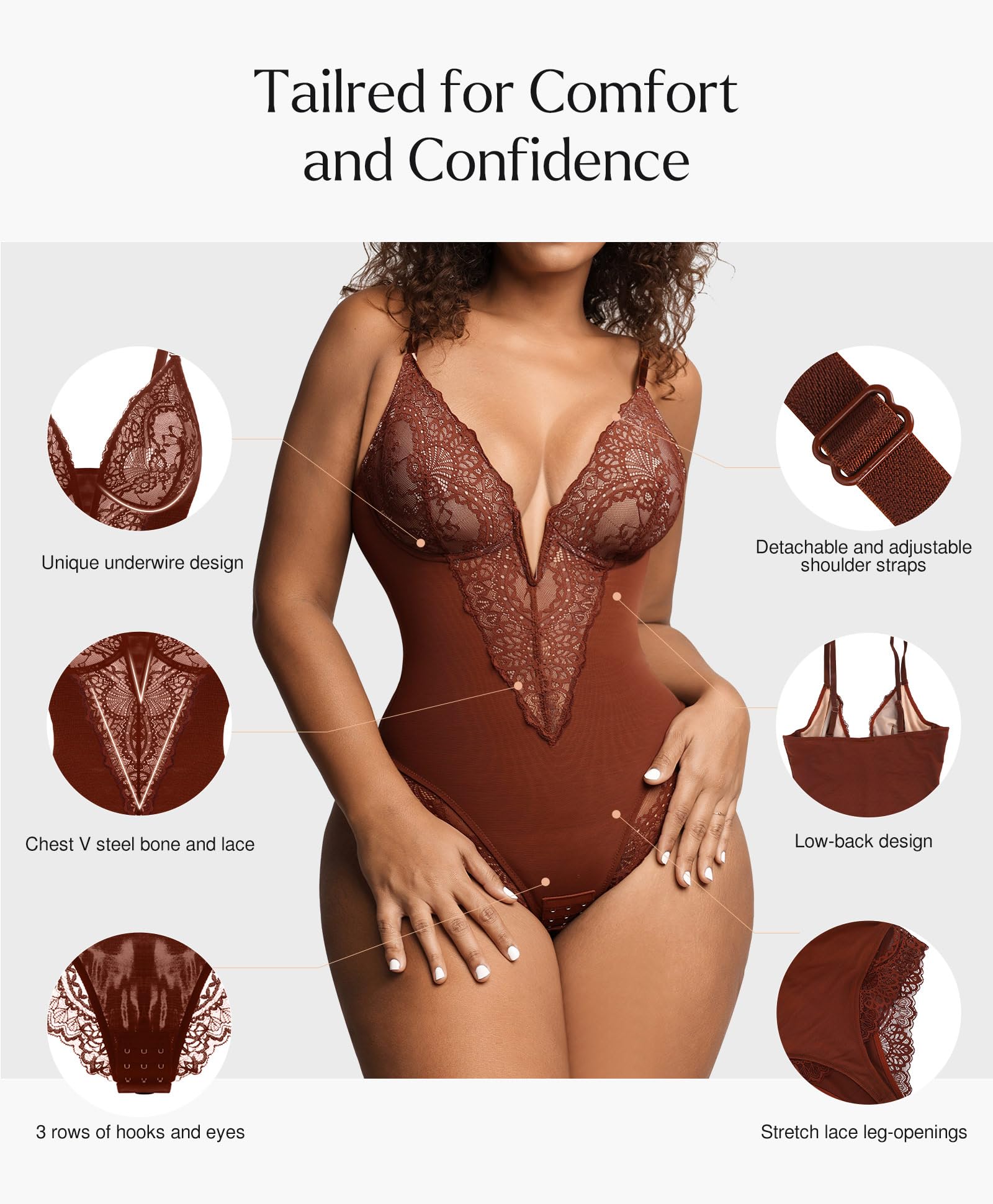 Popilush Corset Tops for Women Tummy Control Shapewear Brown Lace Thong Bodysuit Backless Body Suit L
