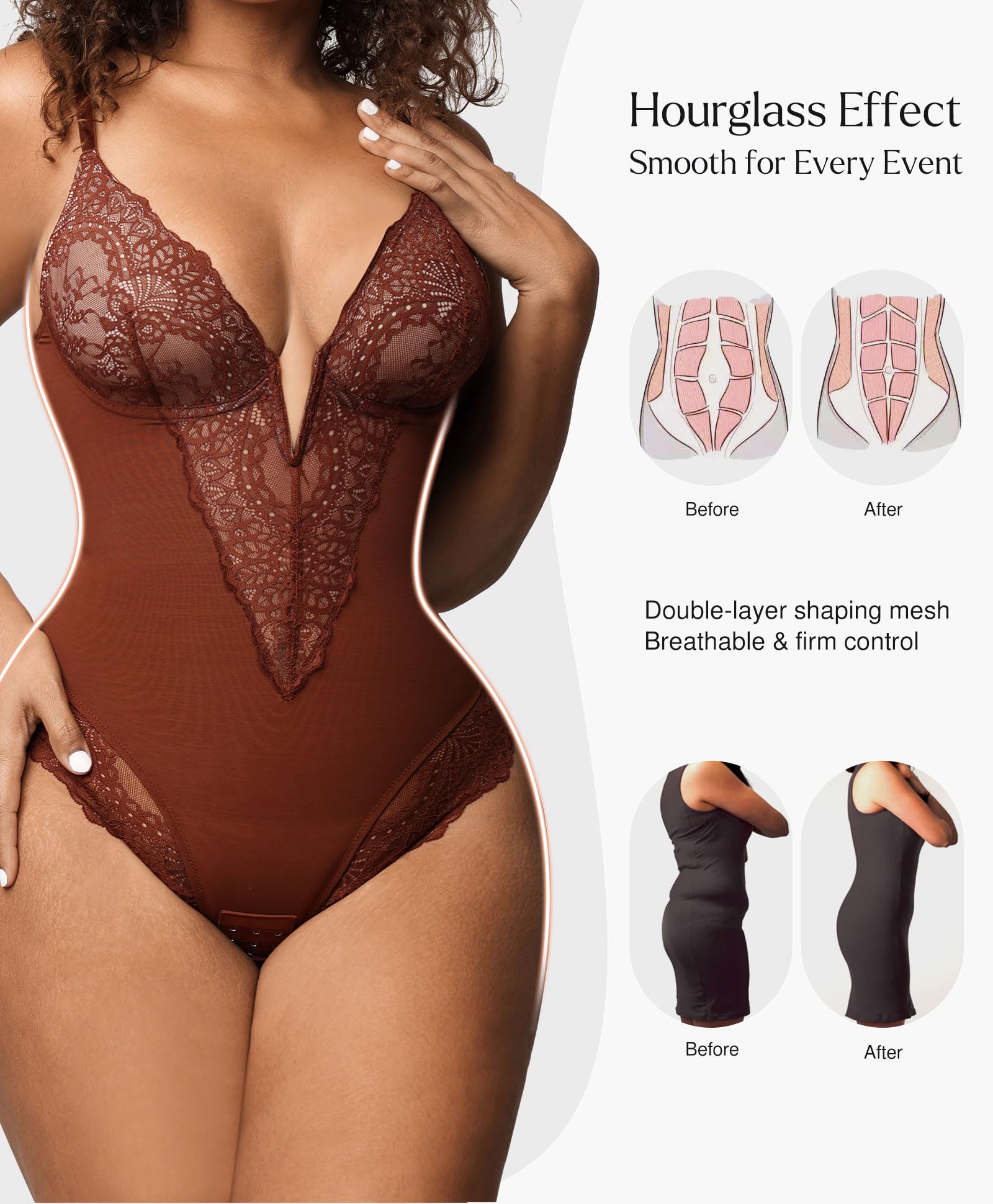 Popilush Corset Tops for Women Tummy Control Shapewear Brown Lace Thong Bodysuit Backless Body Suit L