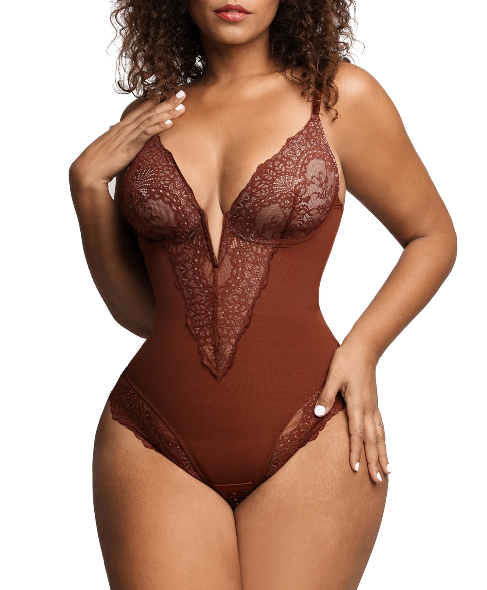 Popilush Corset Tops for Women Tummy Control Shapewear Brown Lace Thong Bodysuit Backless Body Suit L