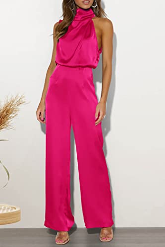 PRETTYGARDEN Women's Satin Jumpsuits 2024 Summer One Piece Outfits Mock Neck Sleeveless Wide Leg Pants Rompers (Rose Red,Medium)