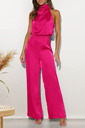 PRETTYGARDEN Women's Satin Jumpsuits 2024 Summer One Piece Outfits Mock Neck Sleeveless Wide Leg Pants Rompers (Rose Red,Medium)