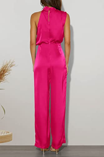 PRETTYGARDEN Women's Satin Jumpsuits 2024 Summer One Piece Outfits Mock Neck Sleeveless Wide Leg Pants Rompers (Rose Red,Medium)