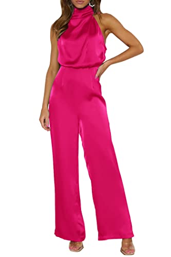 PRETTYGARDEN Women's Satin Jumpsuits 2024 Summer One Piece Outfits Mock Neck Sleeveless Wide Leg Pants Rompers (Rose Red,Medium)