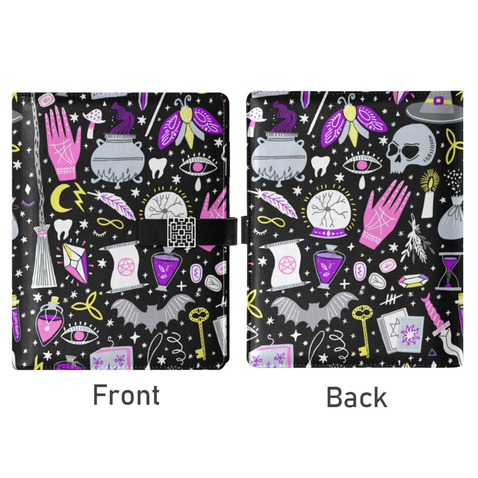 Magic Witch Halloween Skull A5 Refillable Notebooks Journals, 6-Ring Binder Hard Cover Journal PU Leather Notebook Diary with Pockets & Pen Holder Loop