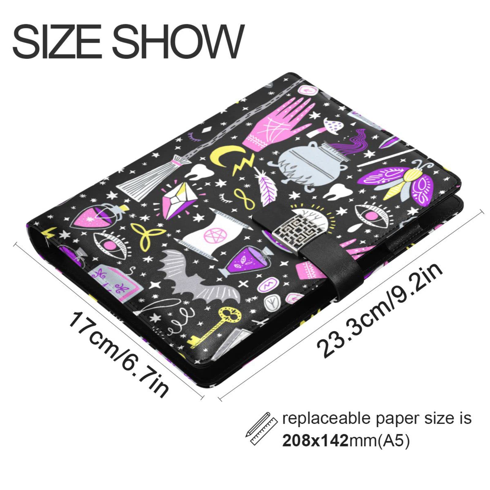 Magic Witch Halloween Skull A5 Refillable Notebooks Journals, 6-Ring Binder Hard Cover Journal PU Leather Notebook Diary with Pockets & Pen Holder Loop