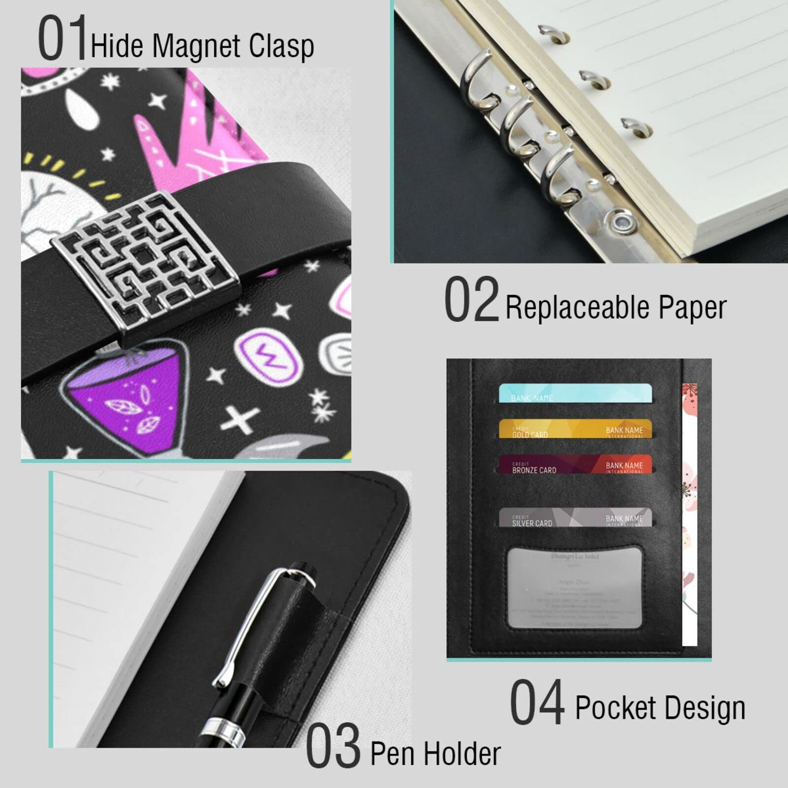 Magic Witch Halloween Skull A5 Refillable Notebooks Journals, 6-Ring Binder Hard Cover Journal PU Leather Notebook Diary with Pockets & Pen Holder Loop