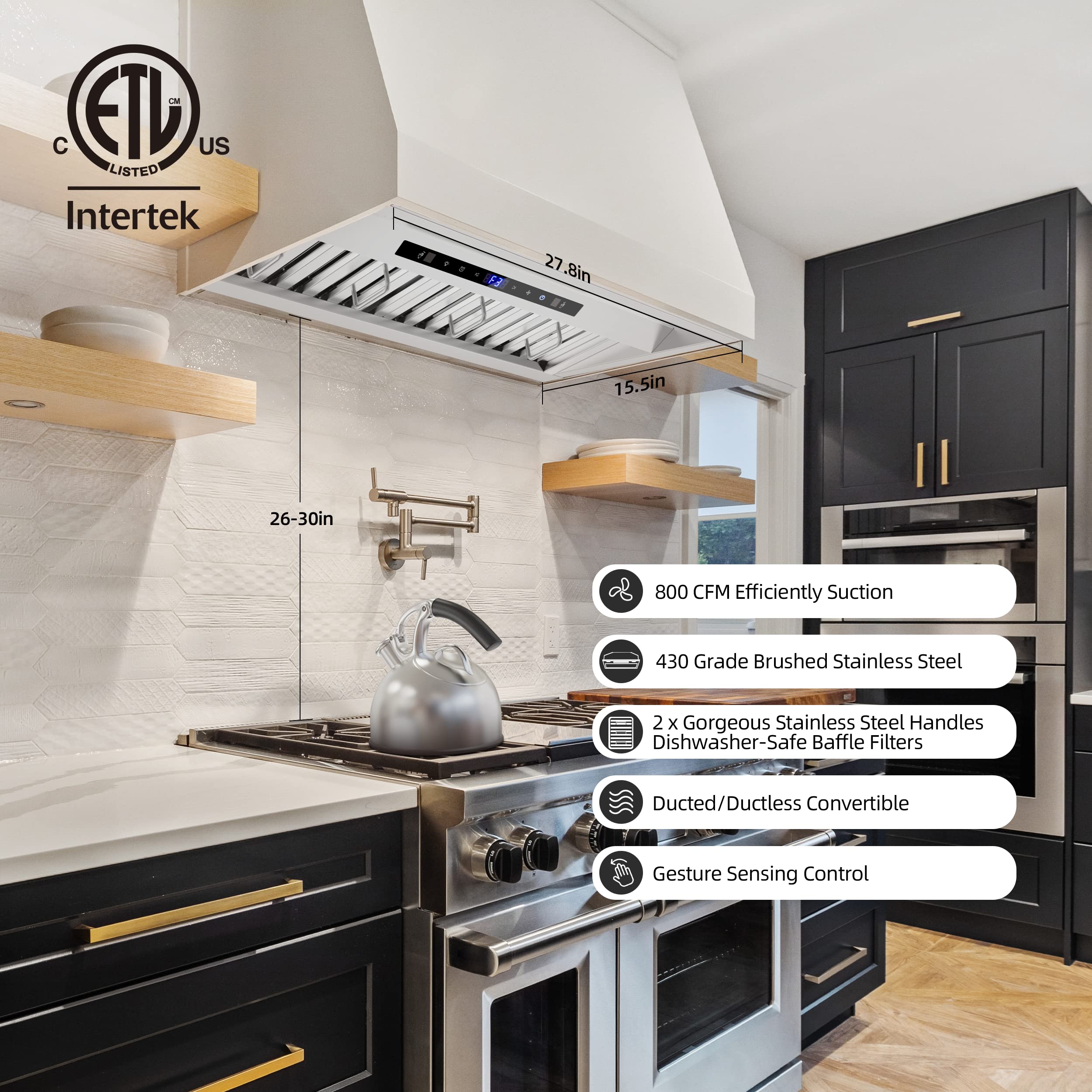 FIREGAS Range Hood Insert 30 inch, Ducted/Ductless Range Hoods 800CFM, Kitchen Vent Hood with 3 Speed Exhaust Fan, 2 Baffle Filters, Touch and Gesture Sensing Control Built in Stove Hood