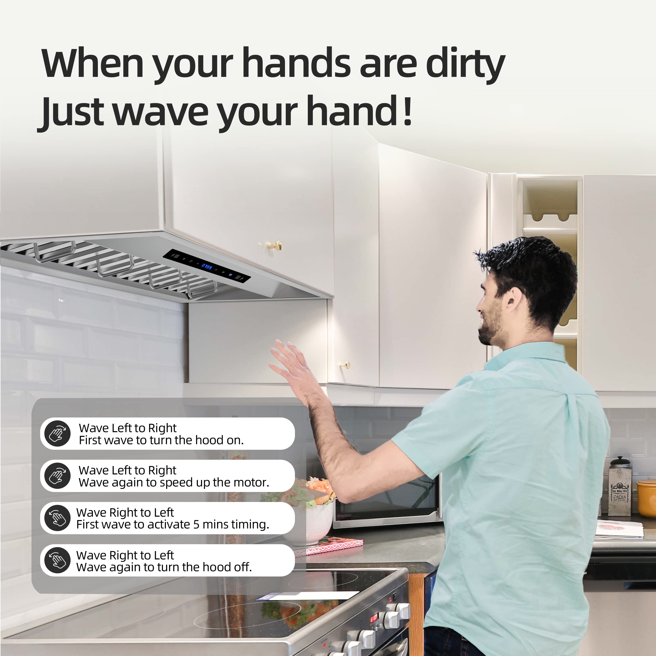 FIREGAS Range Hood Insert 30 inch, Ducted/Ductless Range Hoods 800CFM, Kitchen Vent Hood with 3 Speed Exhaust Fan, 2 Baffle Filters, Touch and Gesture Sensing Control Built in Stove Hood